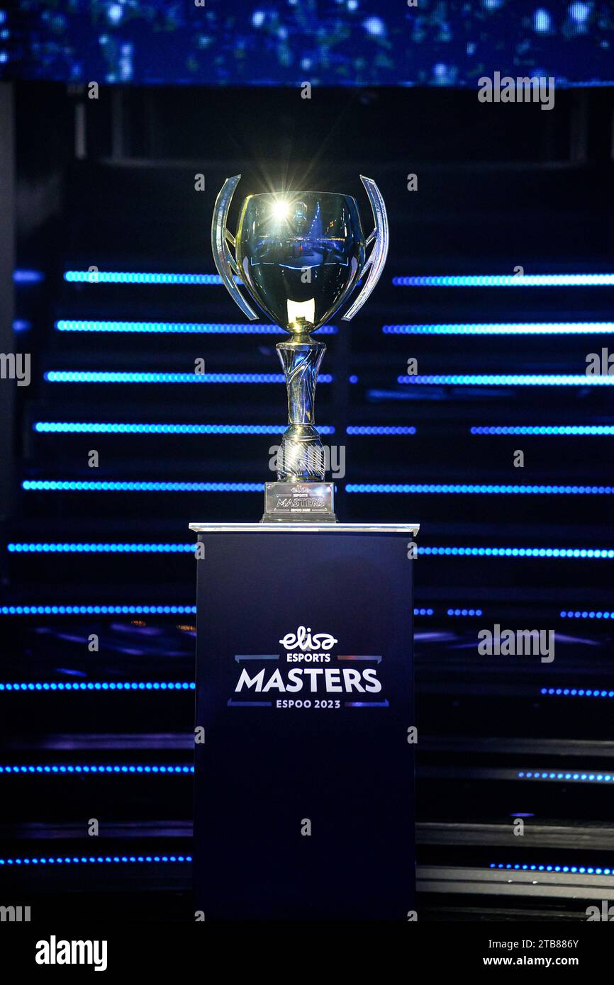 Espoo, Finland. 03rd Dec, 2023. trophy on the stage during Elisa ...
