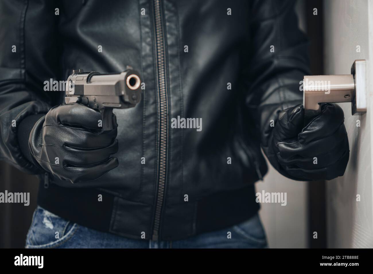 bank robbery. an armed criminal with a dhrt pistol enters the premises ...