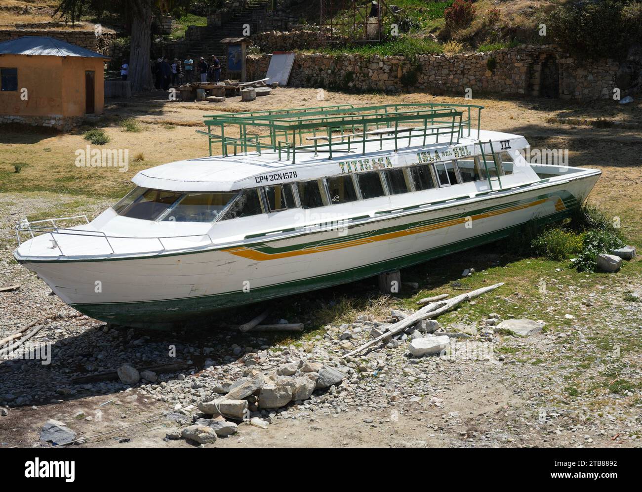 Tourist Boat on the rocky beach. Isla del Sol, Bolivia, October 9, 2023 ...