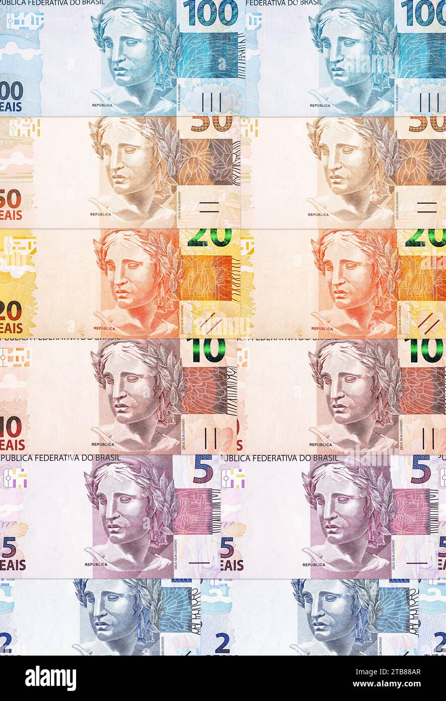 texture or background with Brazilian money banknotes, 100, 50, 20, 10 5 ...