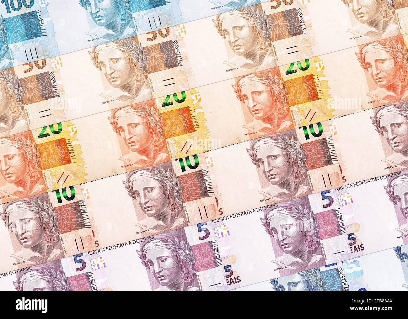 texture or background with Brazilian money banknotes, 100, 50, 20, 10 5 ...