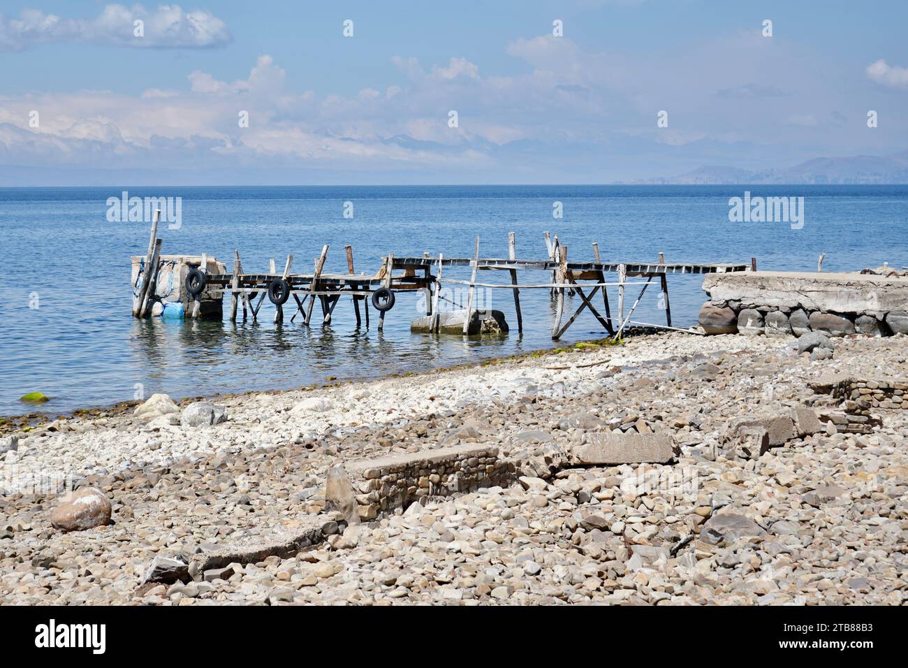 Rustic Wooden Pier over Lake Titicaca on Isla De La Lune Stock Photo ...