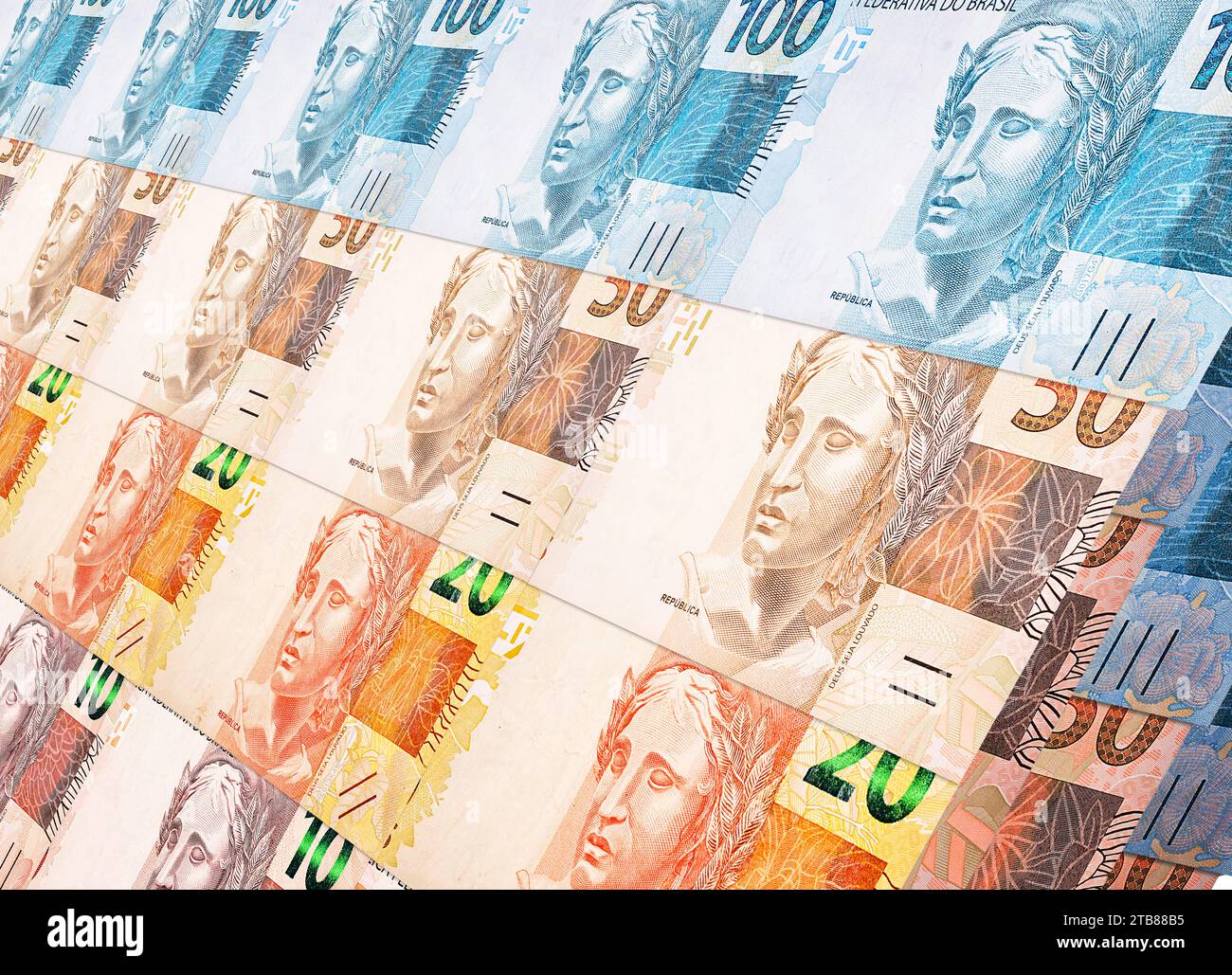 texture or background with Brazilian money banknotes, 100, 50, 20, 10 5 ...