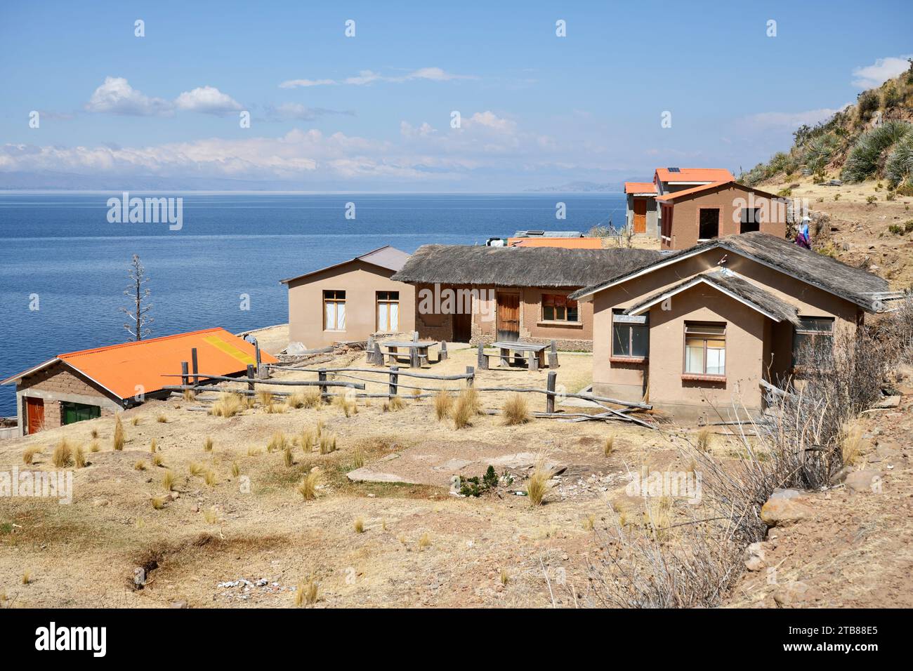 Modern buildings close to Iñaq Uyu. Isla de la Luna, Bolivia, October 9 ...