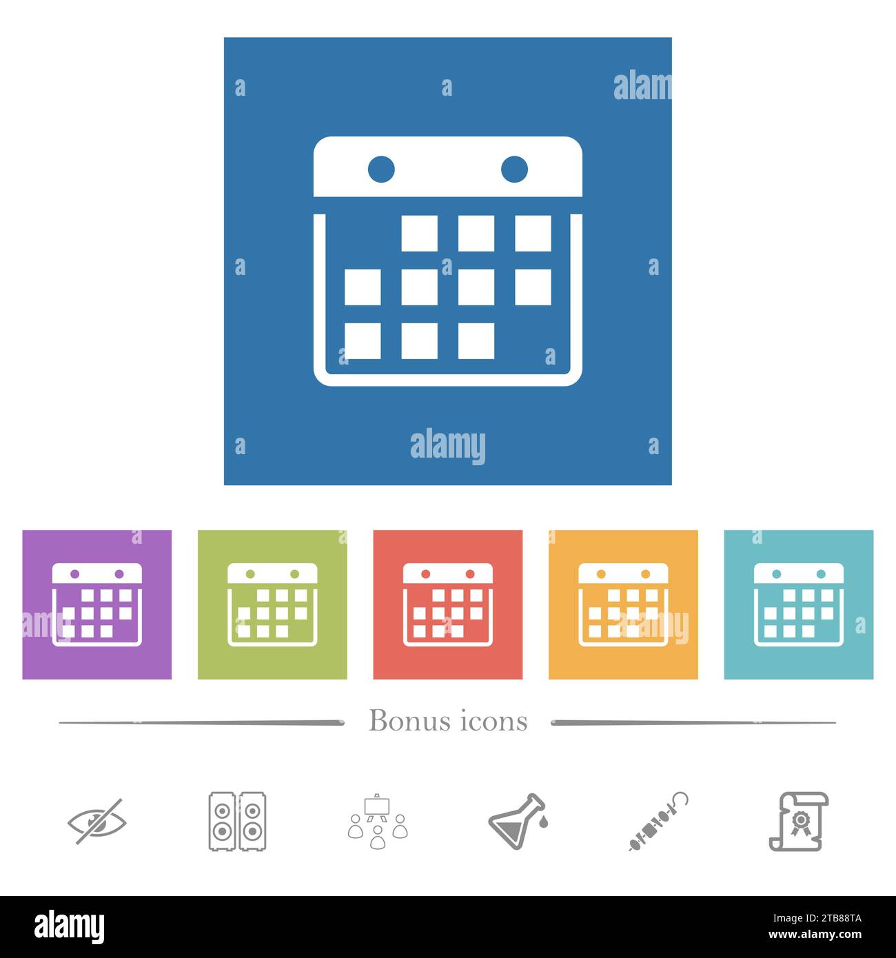 Hanging calendar flat white icons in square backgrounds. 6 bonus icons ...