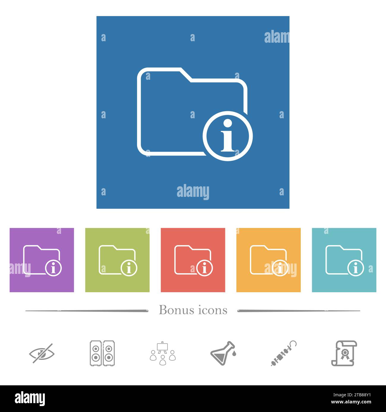 Directory Info outline flat white icons in square backgrounds. 6 bonus ...