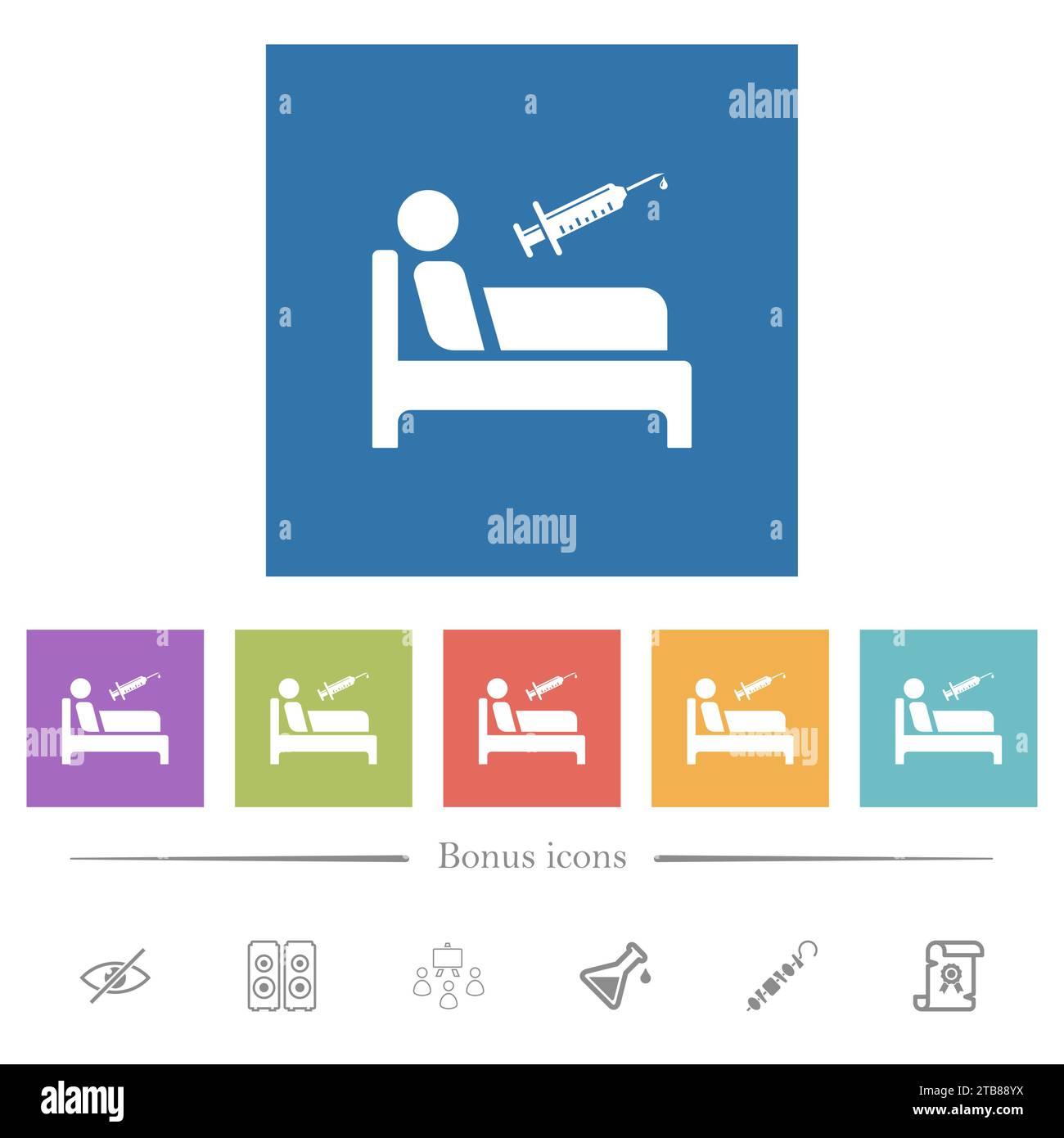 Vaccination ward flat white icons in square backgrounds. 6 bonus icons ...