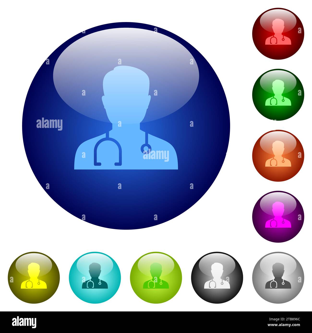 Doctor avatar icons on round glass buttons in multiple colors. Arranged ...