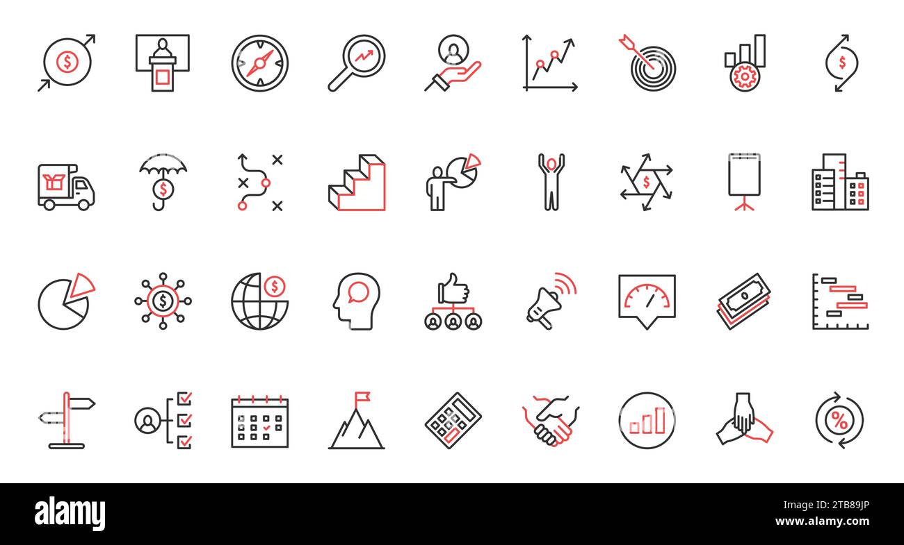 Business process red black thin line icons set, technology of effective ...