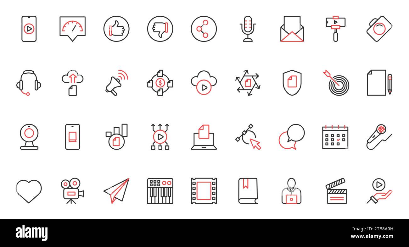 Content creation red black thin line trendy icons set, digital marketing and storytelling in ...