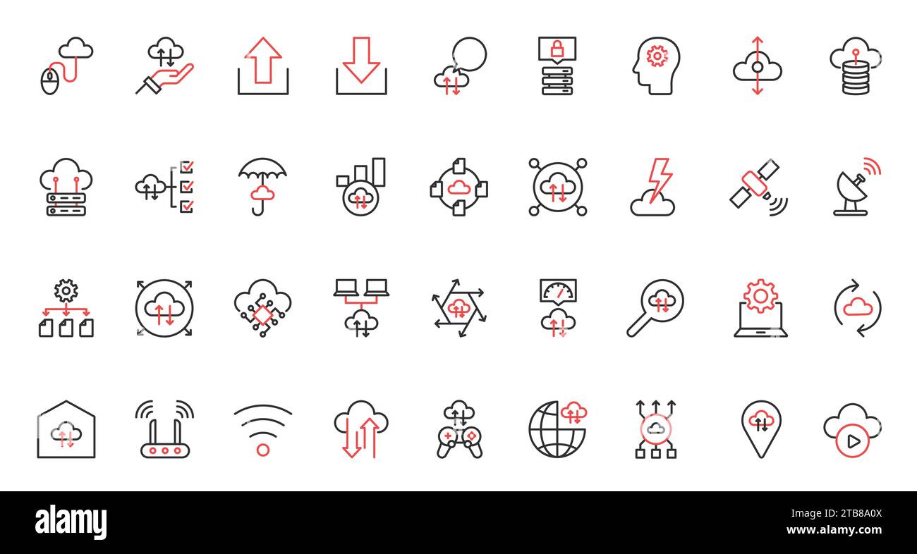 Cloud Computing Red Black Thin Line Data Transfer Trendy Icons Set Vector Illustration Stock