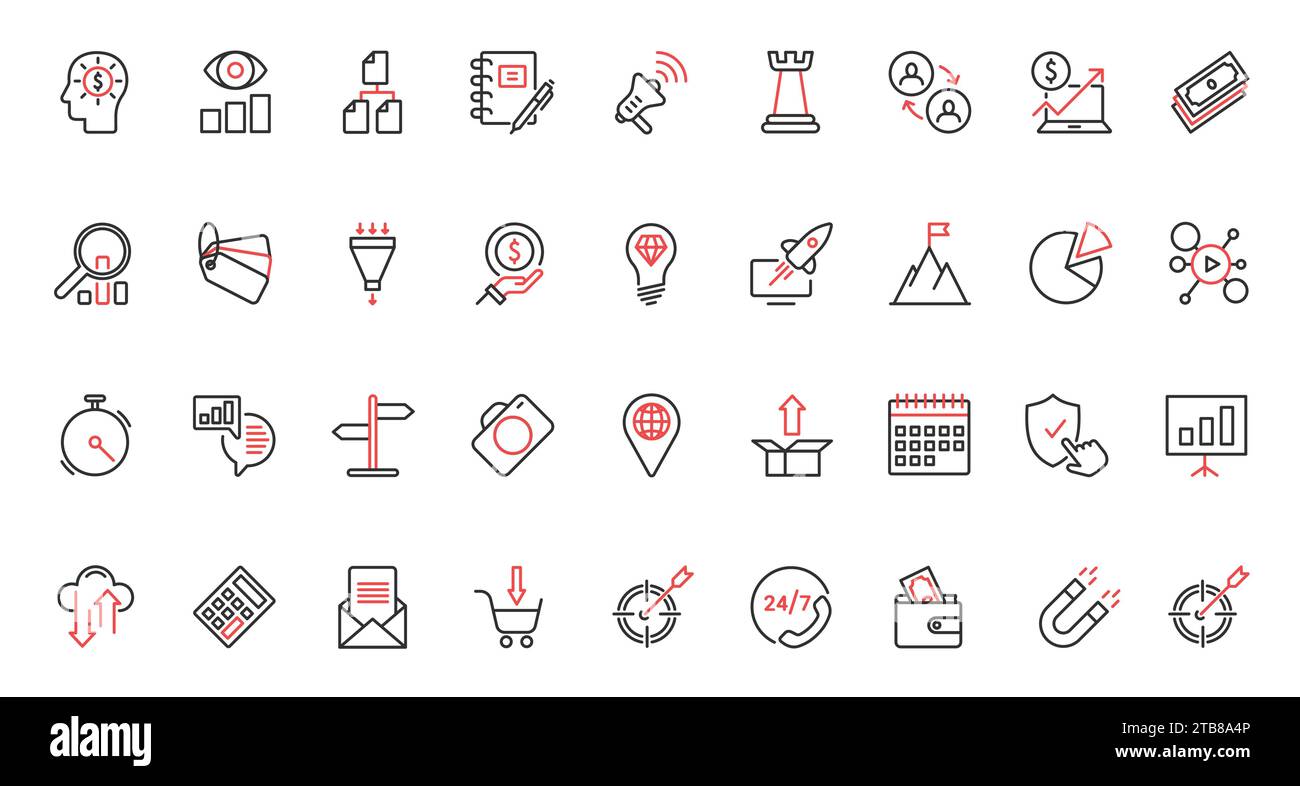 Vector illustration set of trendy red black thin line business management and digital marketing ...