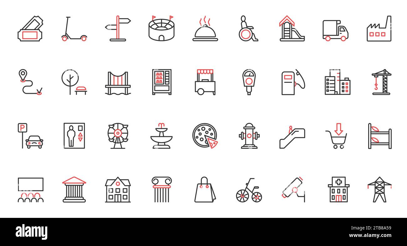 Red black thin line city building, infrastructure and facility trendy icons set residential area ...