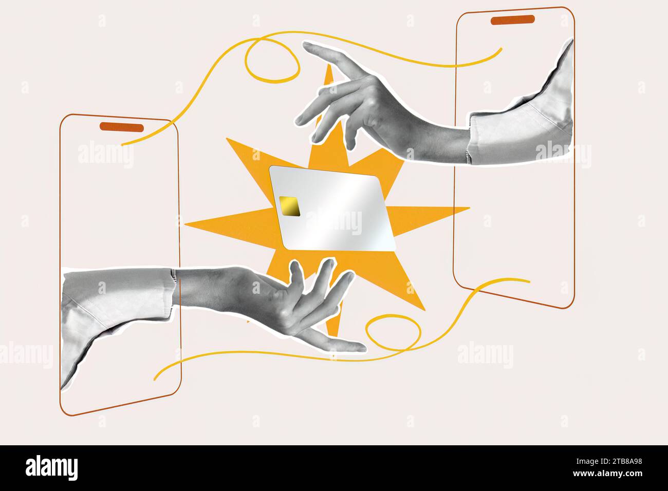 Contemporary collage with hands and credit card and abstract shape ...