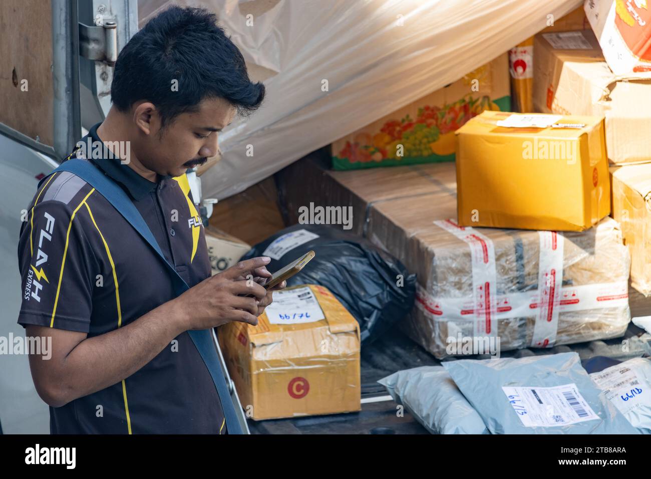 SAMUT PRAKAN, THAILAND, NOV 18 2023, The courier of the delivery service checks the parcels for ...