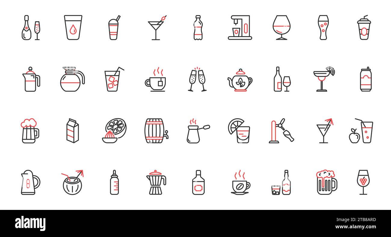 Drinks trendy red black thin line icons set, restaurant, bar menu collection with water, alcohol ...