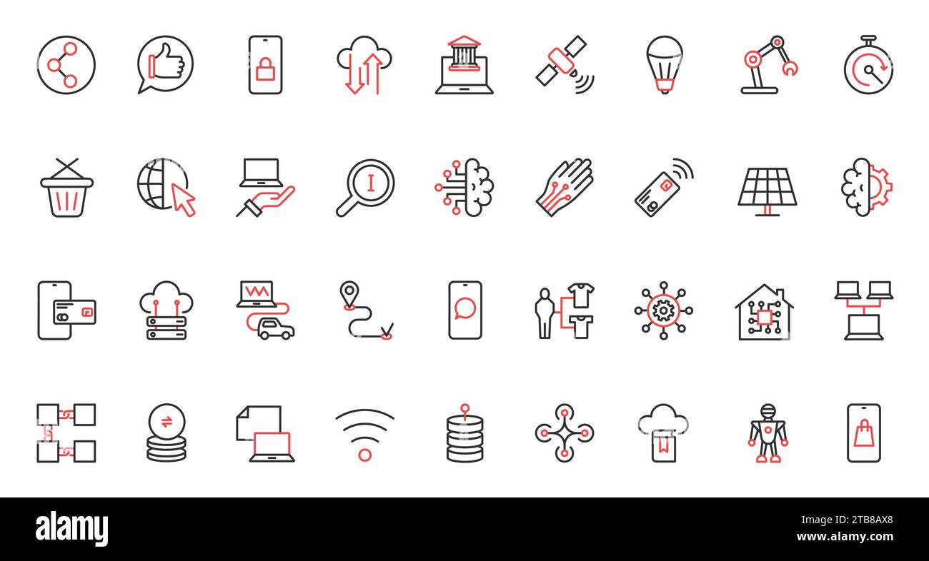 Digital technology, network communication, automation and equipment trendy red black thin line ...