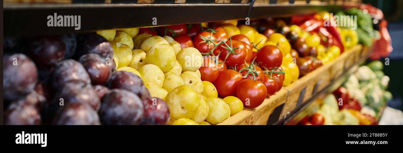 object photo of vibrant stall full of fresh tasty fruits and vegetables ...