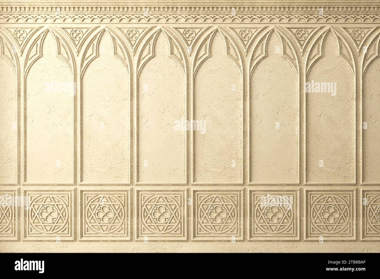 3d illustration. Classic cabinet or castle wall made of gothic wood ...