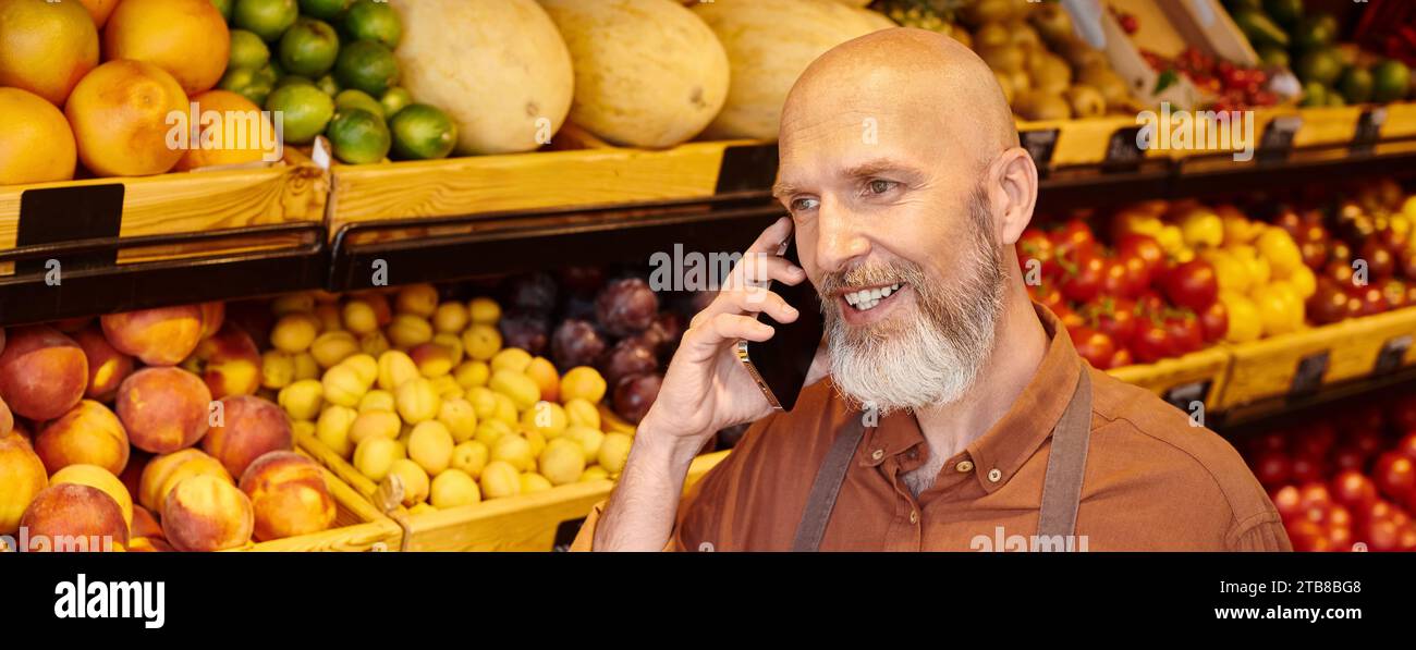 gray bearded mature salesman talking cheerfully by phone with fruits ...