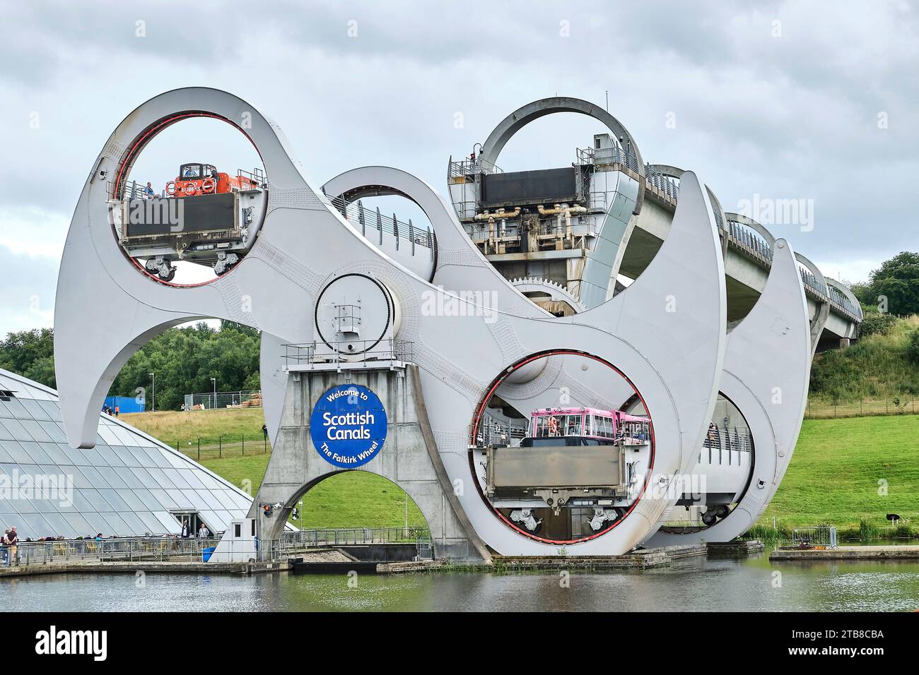The Falkirk Wheel, a rotating boat lift, in central Scotland ...