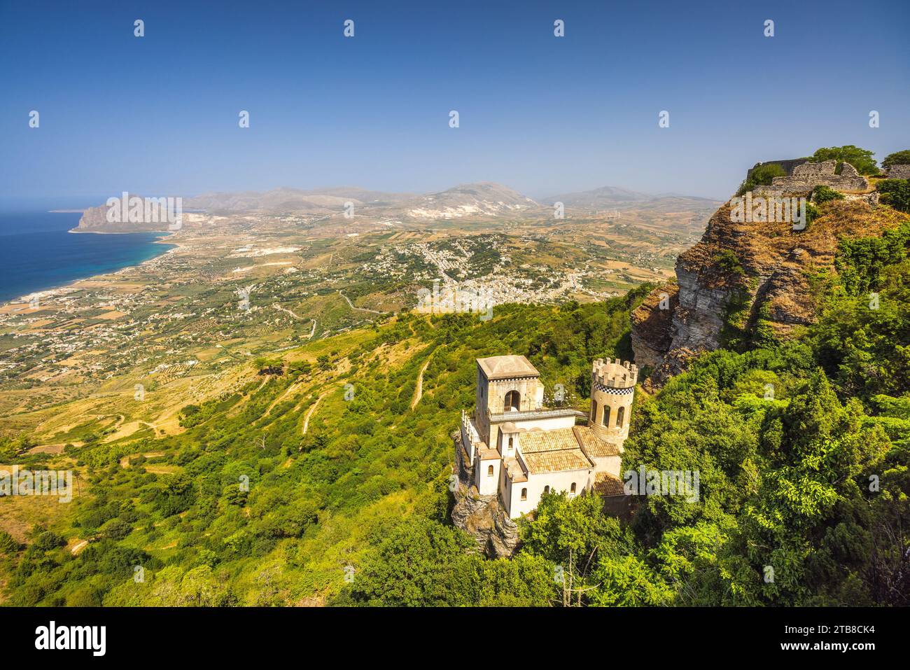 Scenic view from Erice town at sea coast with Torretta Pepoli chateau ...