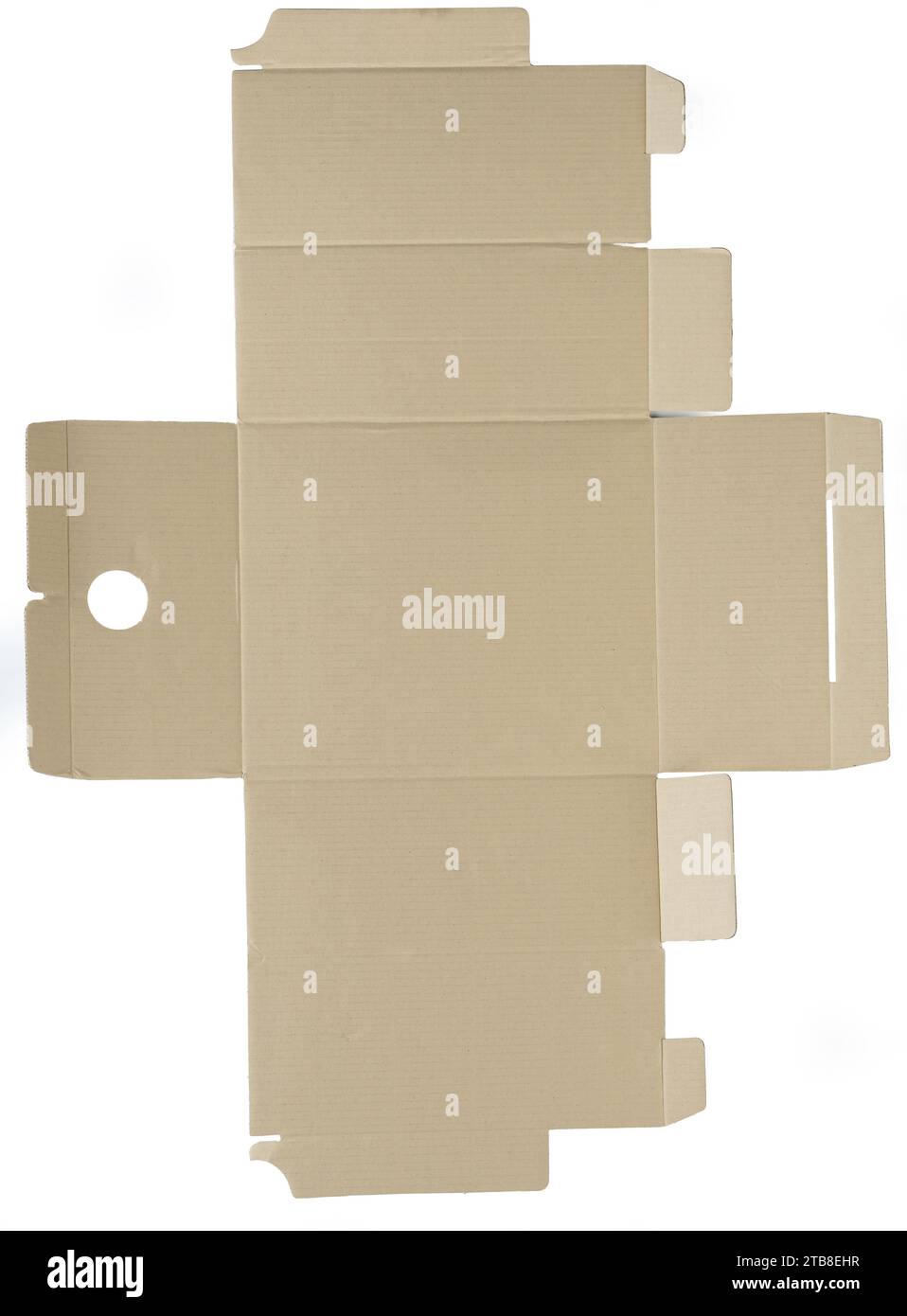 Unfolded box brown paper with crease lines isolated on white studio ...