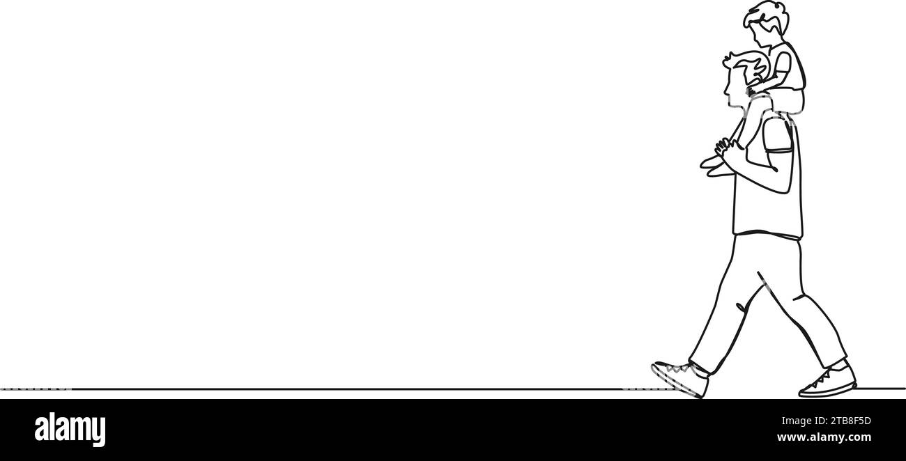 continuous single line drawing of dad carrying toddler son on his ...
