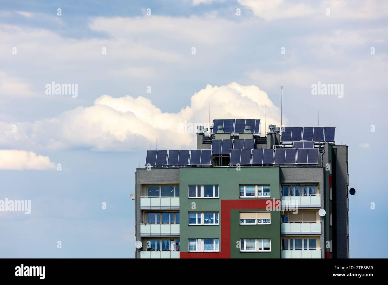 Photovoltaic, solar panels on the roof of a residential block ...