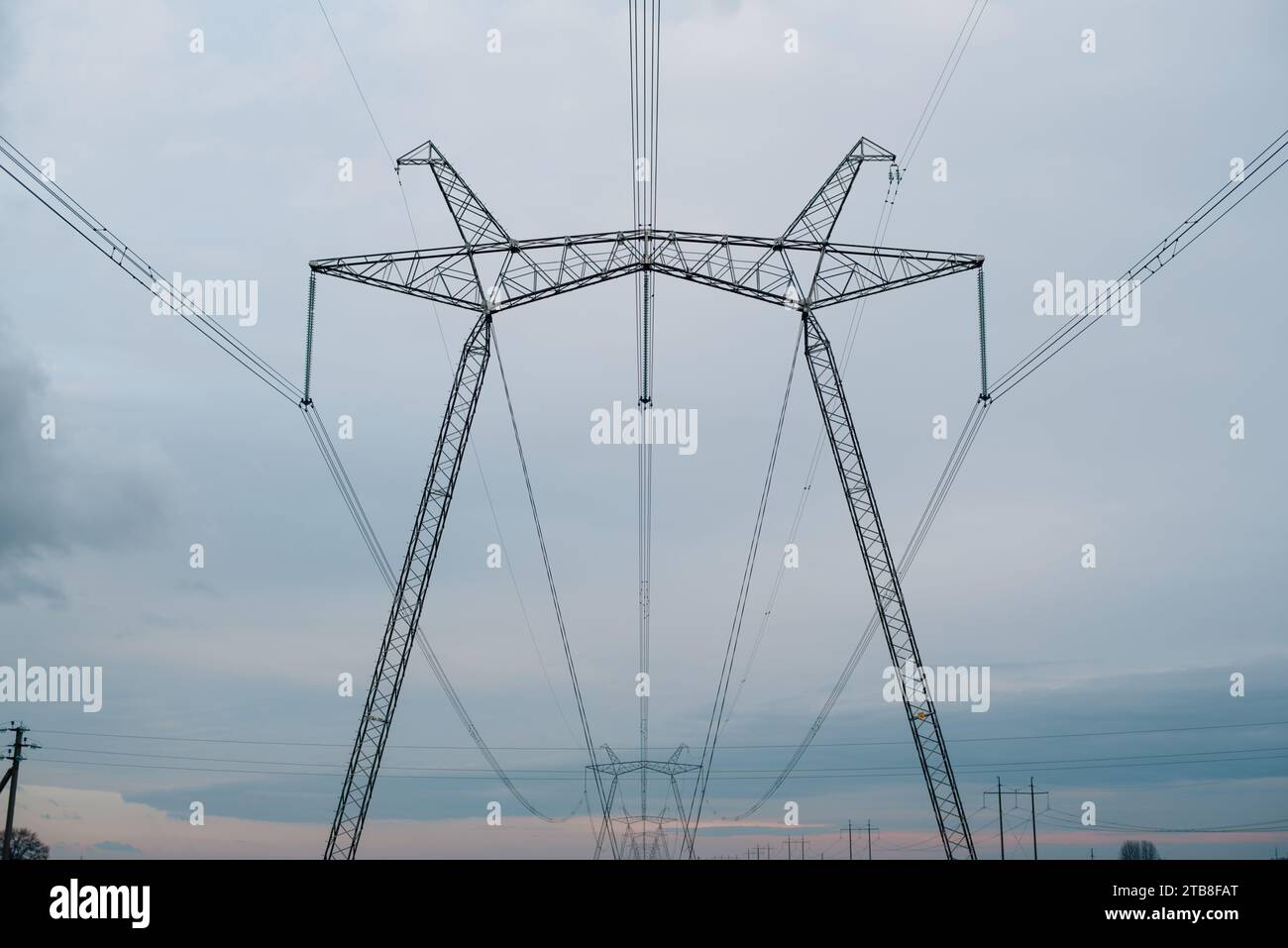 Large power lines in a foggy landscape in the sunrise Stock Photo - Alamy