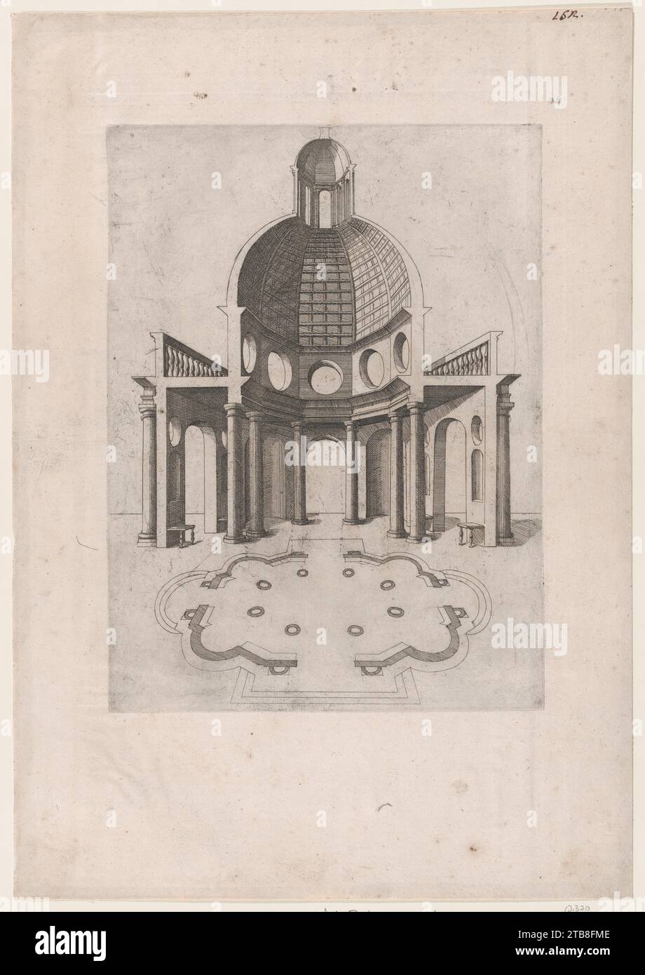 Interior and ground plan of an octagonal temple, from "Speculum Romanae ...