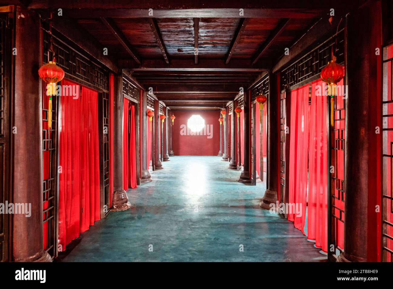 Mock up interior of traditional chinese wooden brothel room with red ...