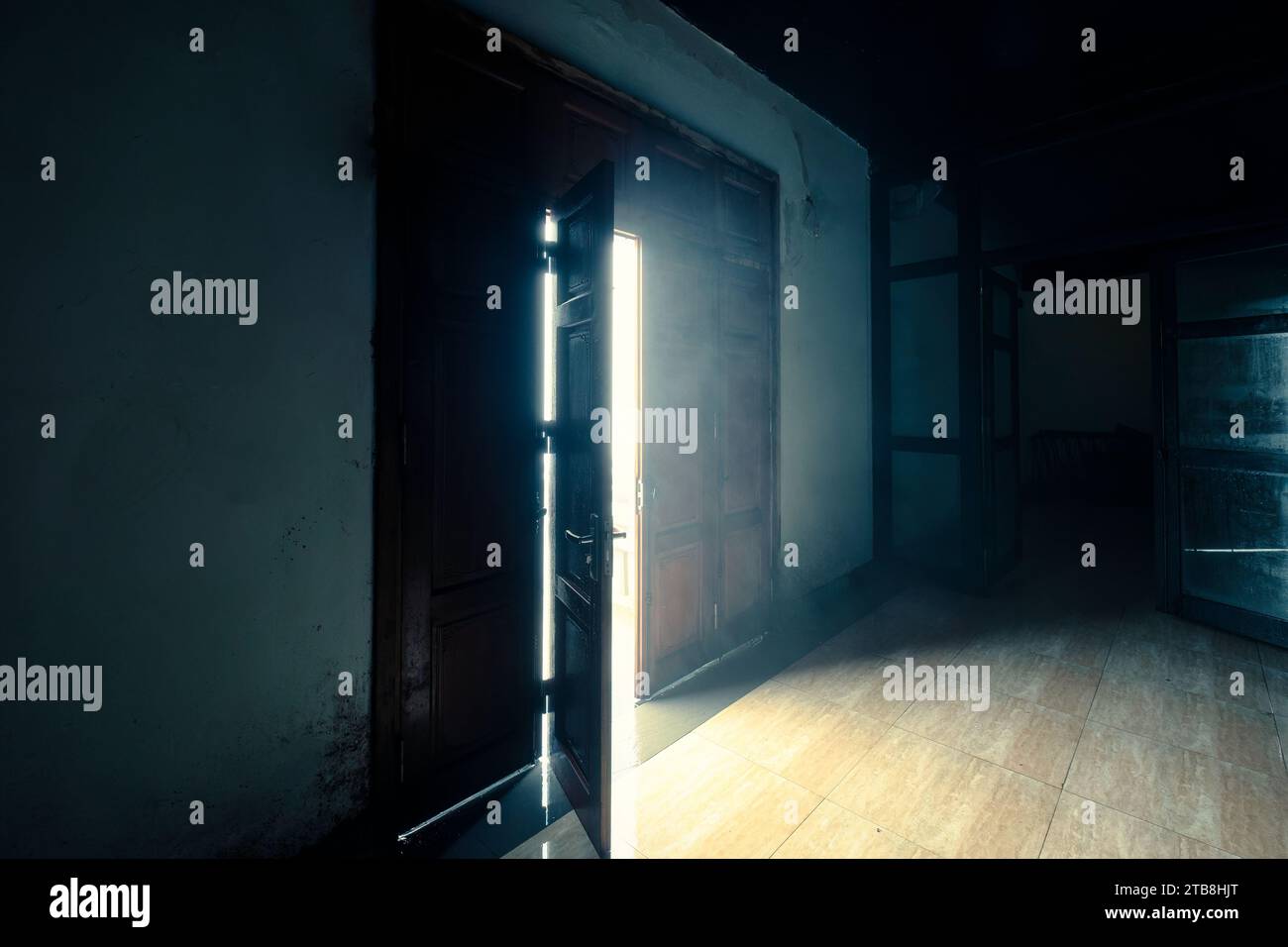 Wooden door opening with bright light shining in scary mystery darkness ...