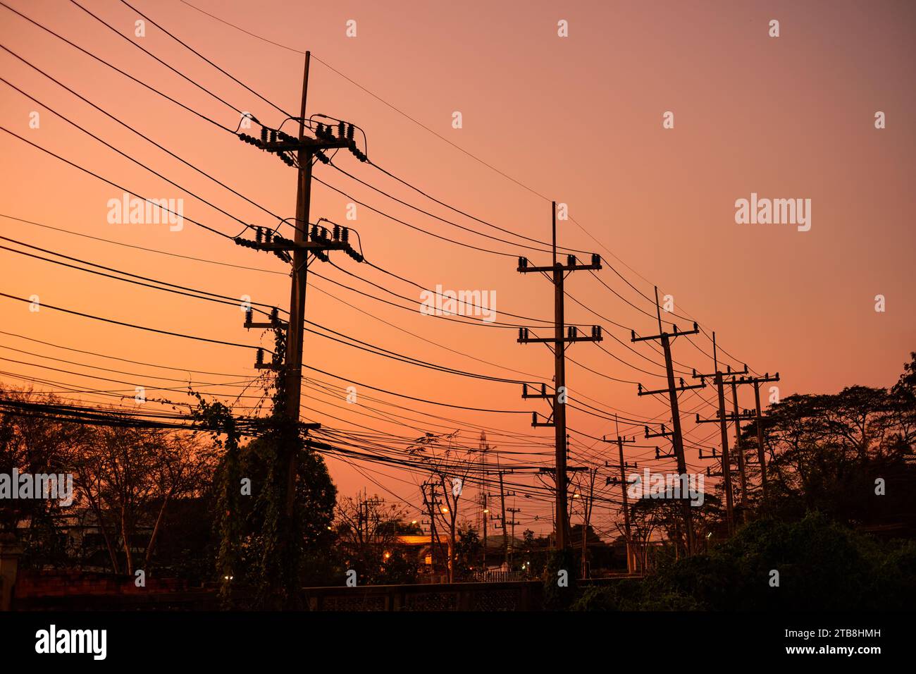 Silhouette row of utility pole with power line in the evening on rural ...
