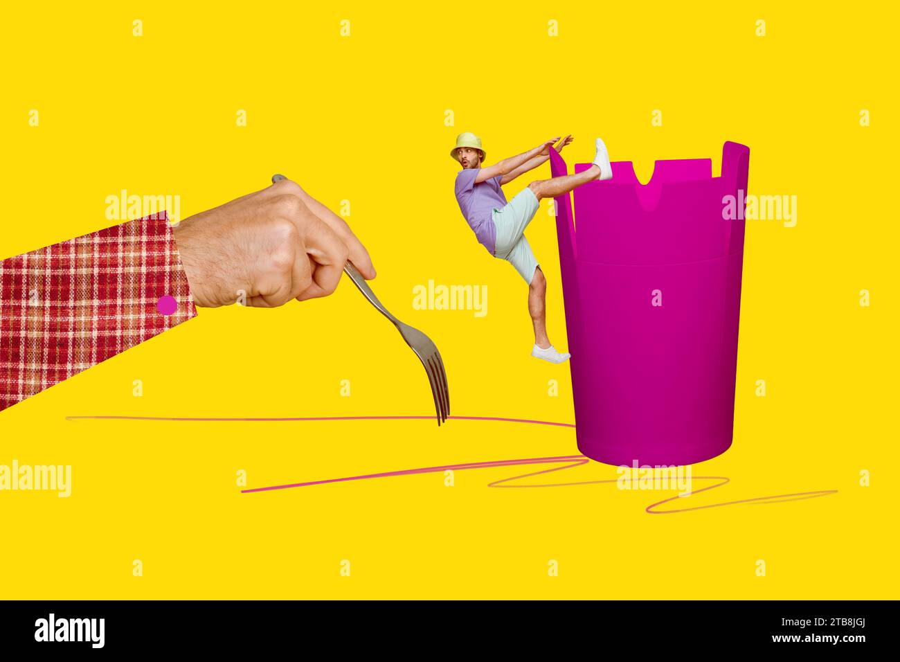 Creative abstract template collage of funny little man climb food ...