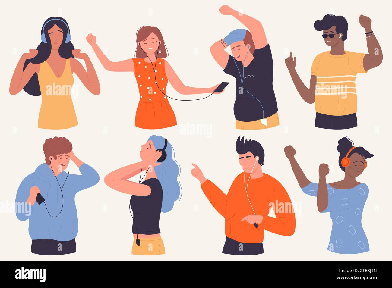 People listen music with headphones set vector illustration. Cartoon ...