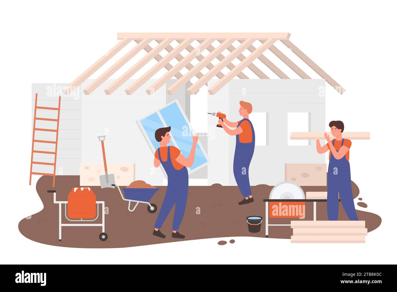 House building, architectural, construction process character flat ...