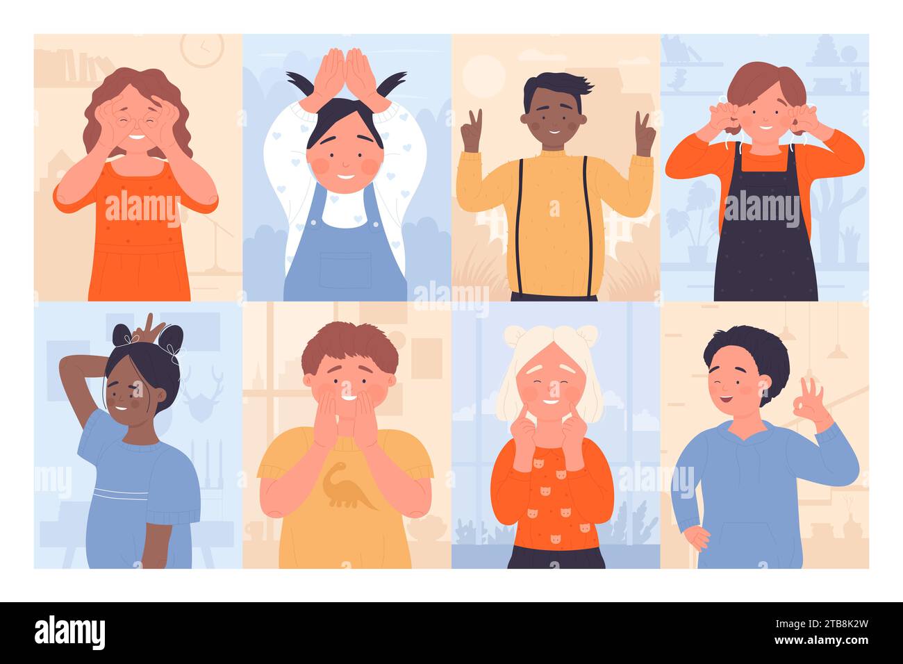 Happy cheerful gestures of children set vector illustration. Cartoon ...