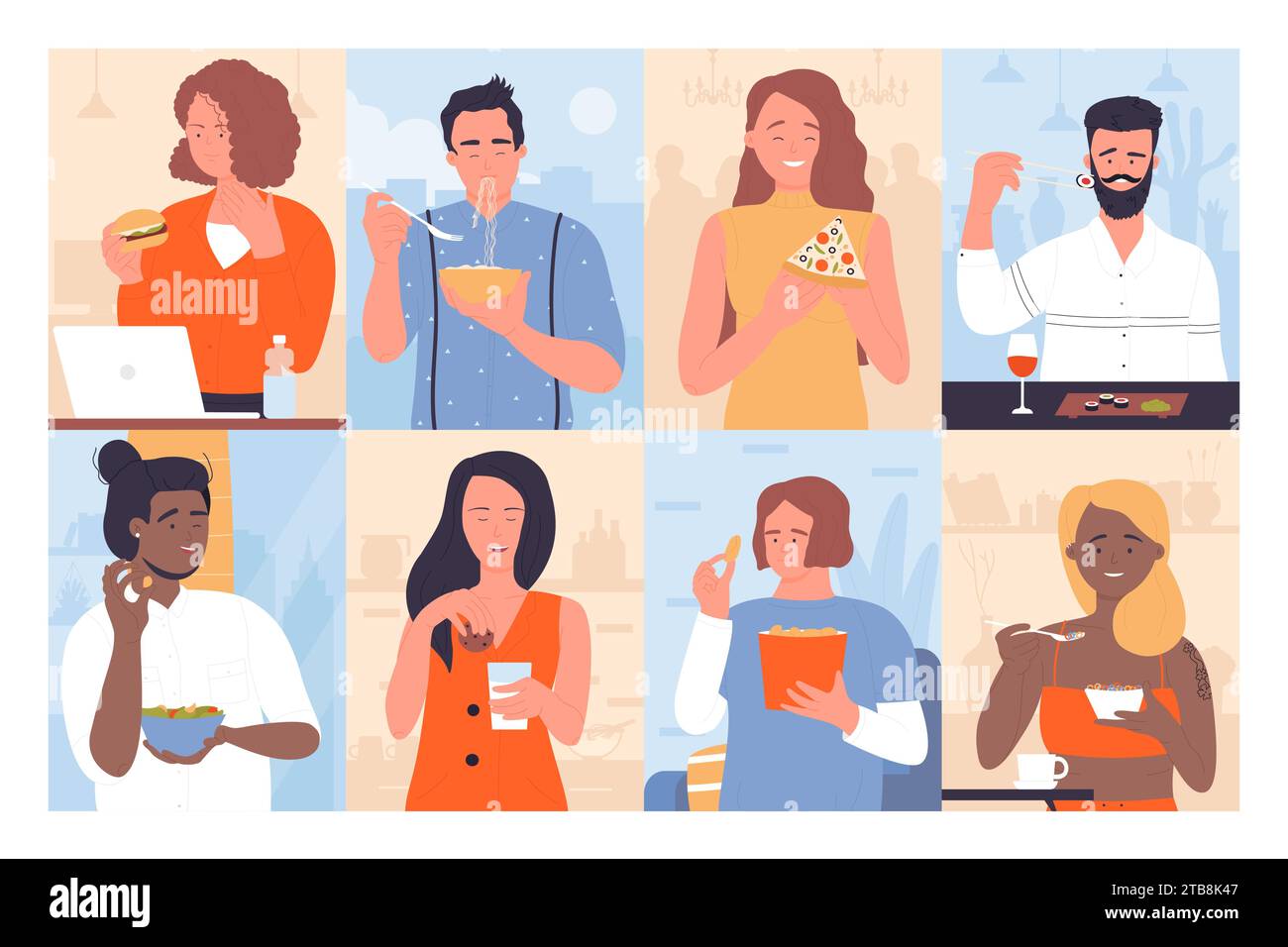 People eat set vector illustration. Cartoon hungry male and female ...