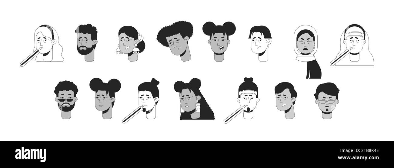 Feeling sick diverse black and white 2D vector avatars illustration ...