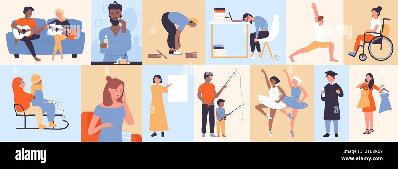 Scenes of peoples daily life, geometric mosaic color pattern vector ...