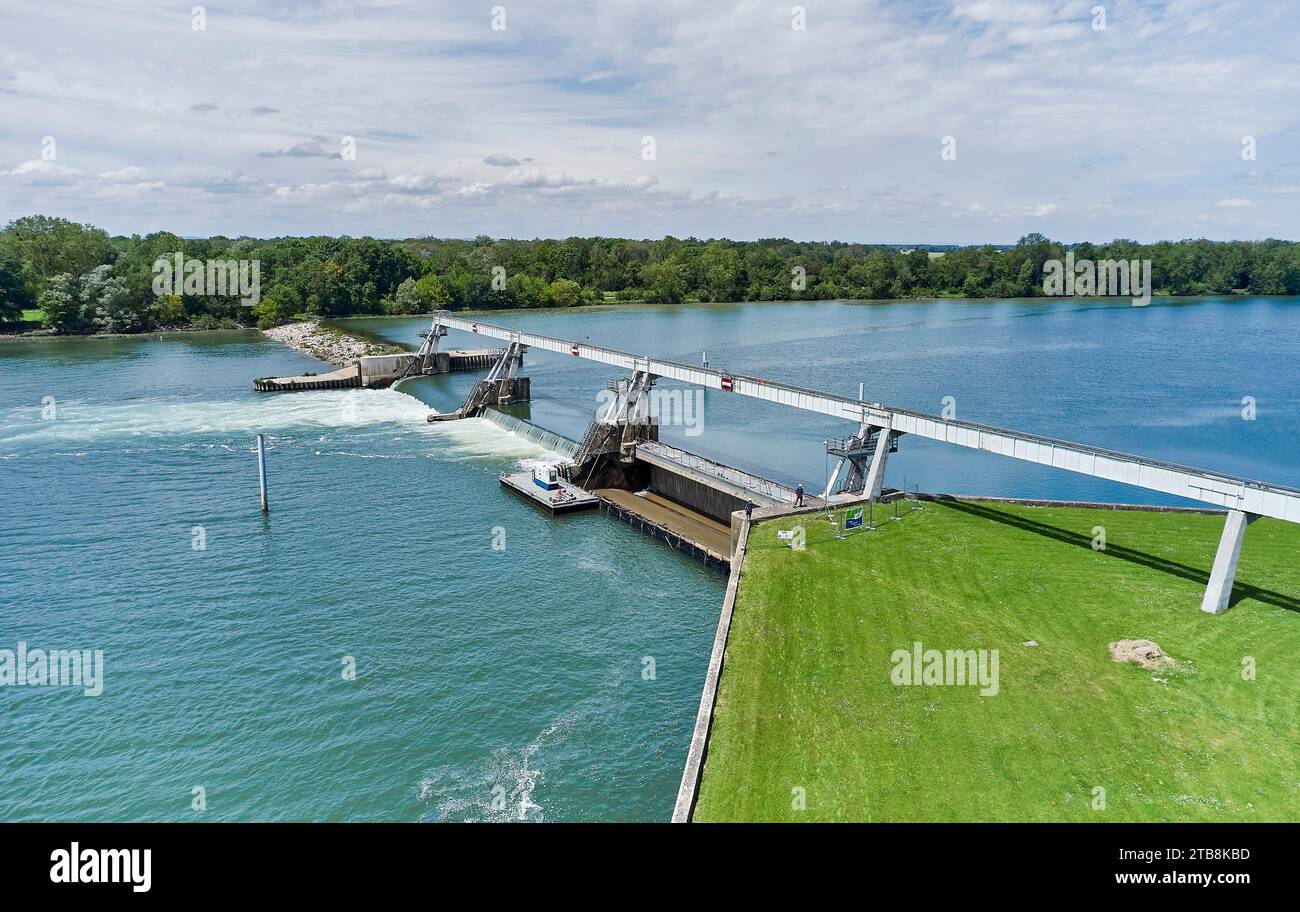 Aerial view of the dam of Ormes (central-eastern France): flap gates ...