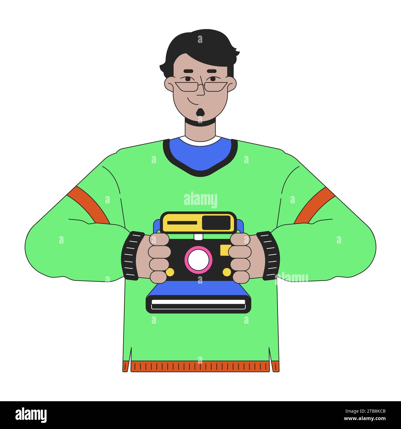Cheerful arab man holding retro camera 2D linear cartoon character ...