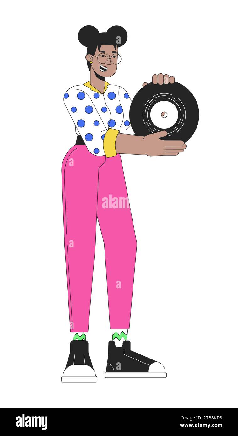 African American Girl Holding Vinyl Record 2d Linear Cartoon Character