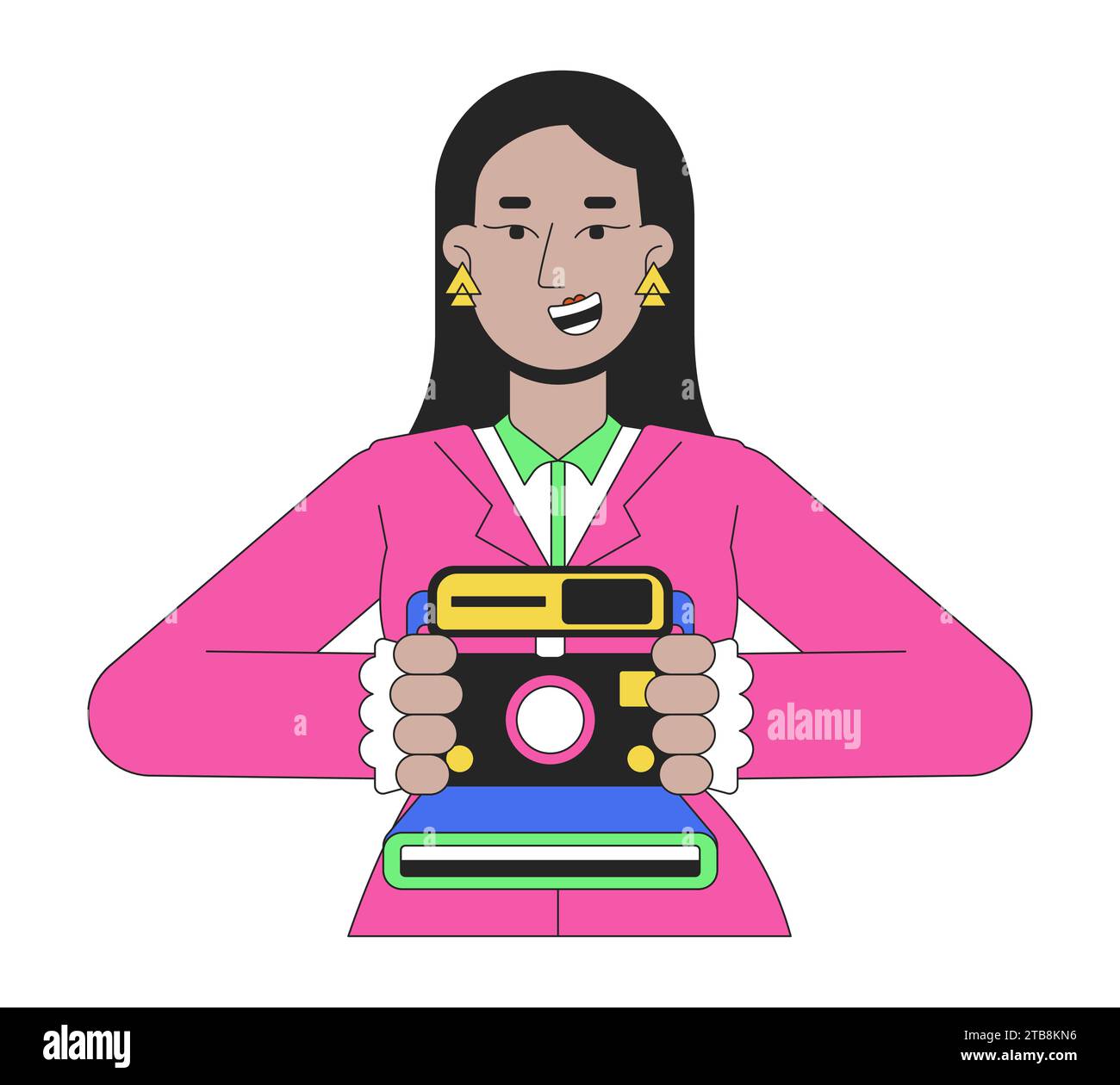 Smiling arab female holding instant camera 2D linear cartoon character ...