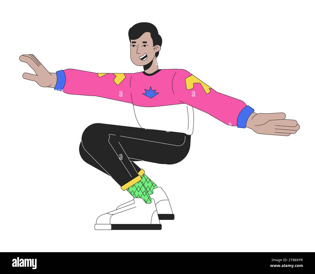 South asian male break dance performer 2D linear cartoon character ...