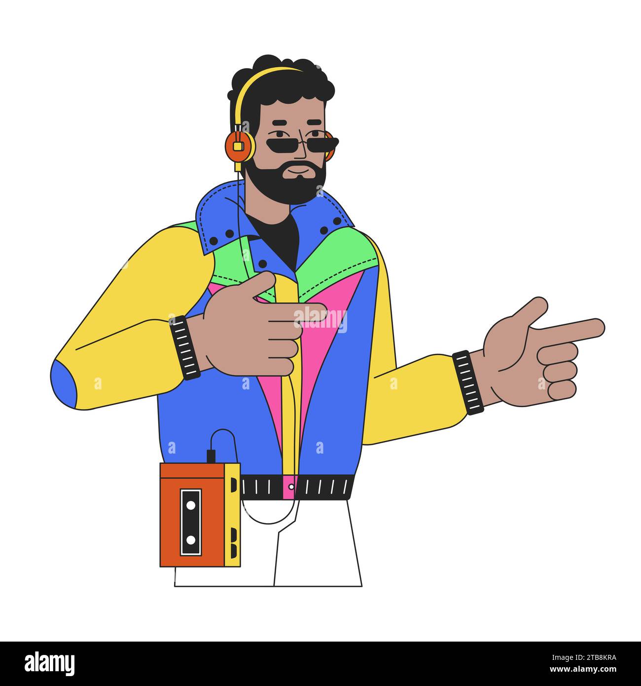 African American Man 80s Finger Guns Gesture 2d Linear Cartoon