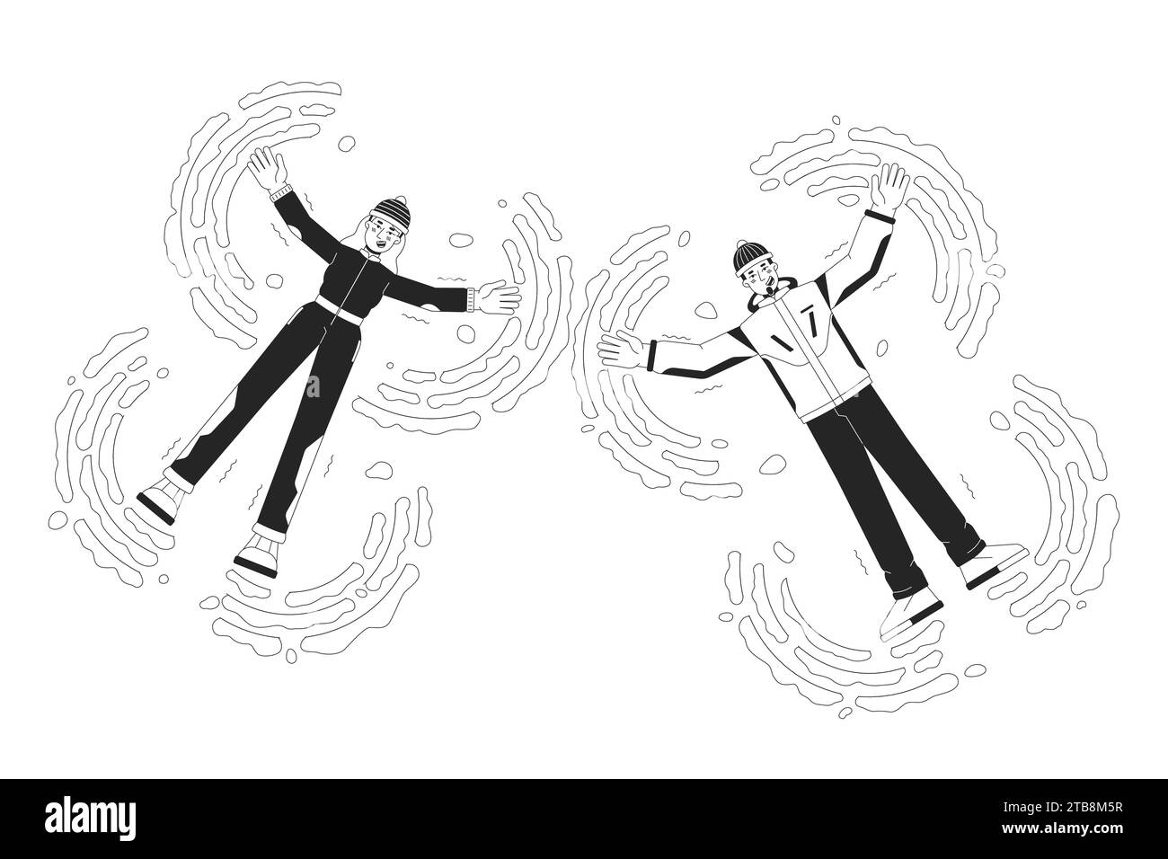 Making snow angels black and white cartoon flat illustration Stock ...