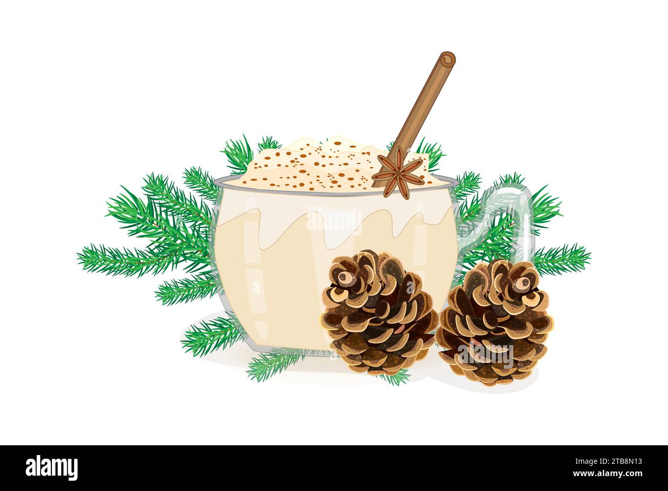 Eggnog, fir cone and twig. Winter drink and christmas tree. Pine branch ...