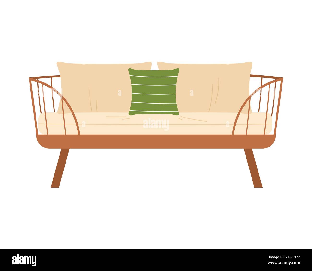 Rattan garden soft sofa. Backyard landscape, outdoor furniture cartoon ...